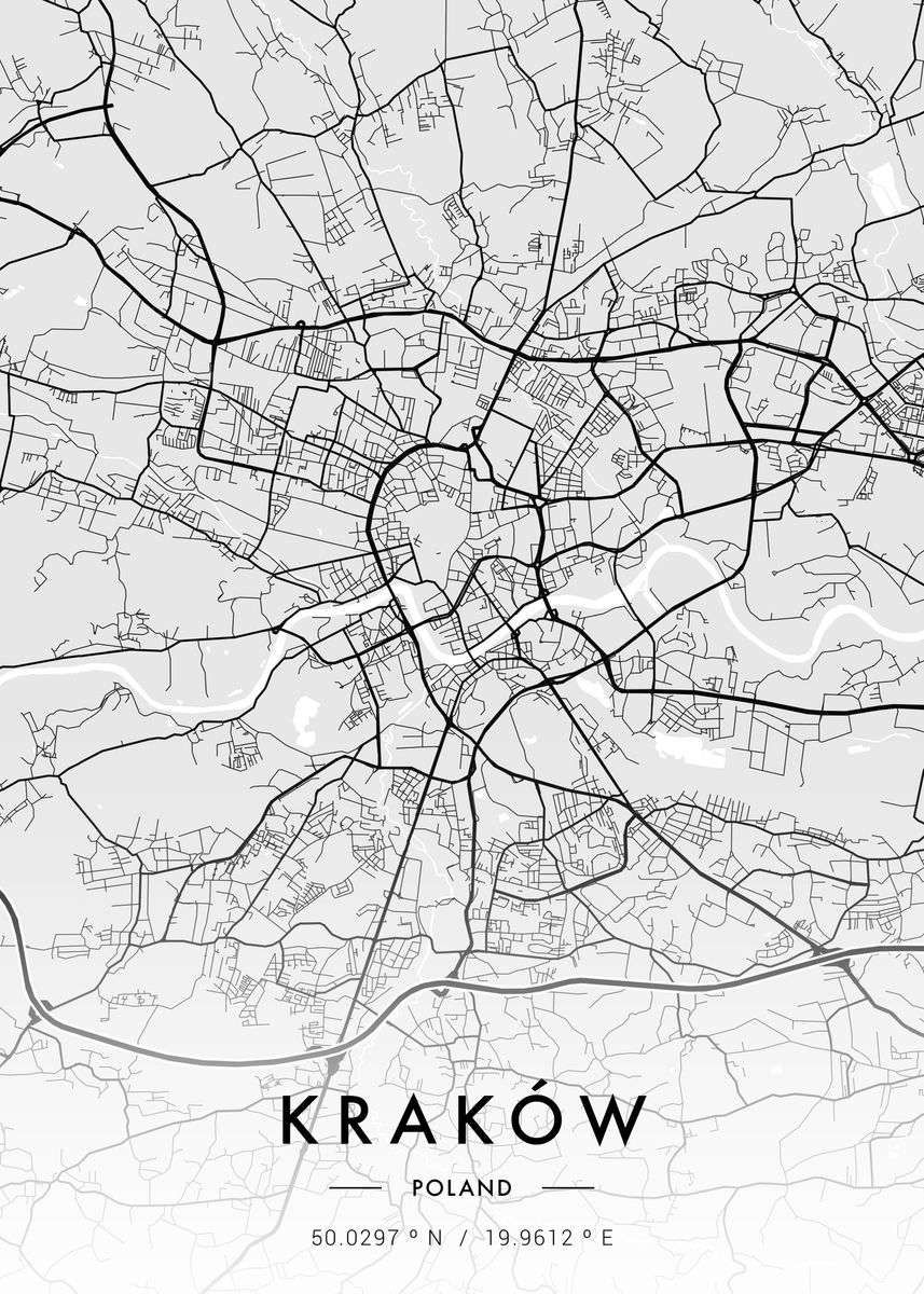'Krakow City Map White' Poster, picture, metal print, paint by MVDZ ...