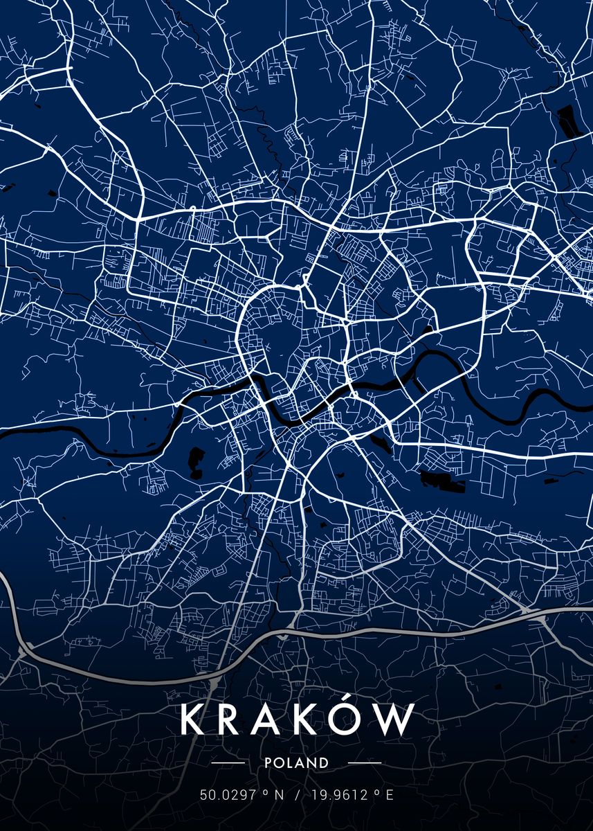 'Krakow City Map Blueprint' Poster, picture, metal print, paint by MVDZ ...