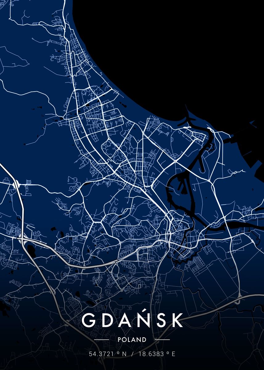 'Gdansk City Map Blueprint' Poster, picture, metal print, paint by MVDZ ...