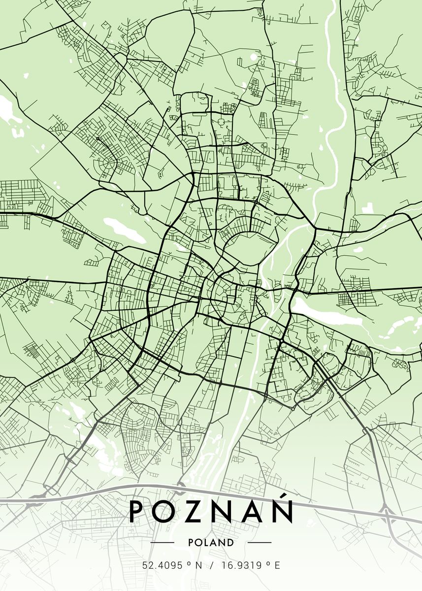 'Poznan City Map Green' Poster, picture, metal print, paint by MVDZ ...