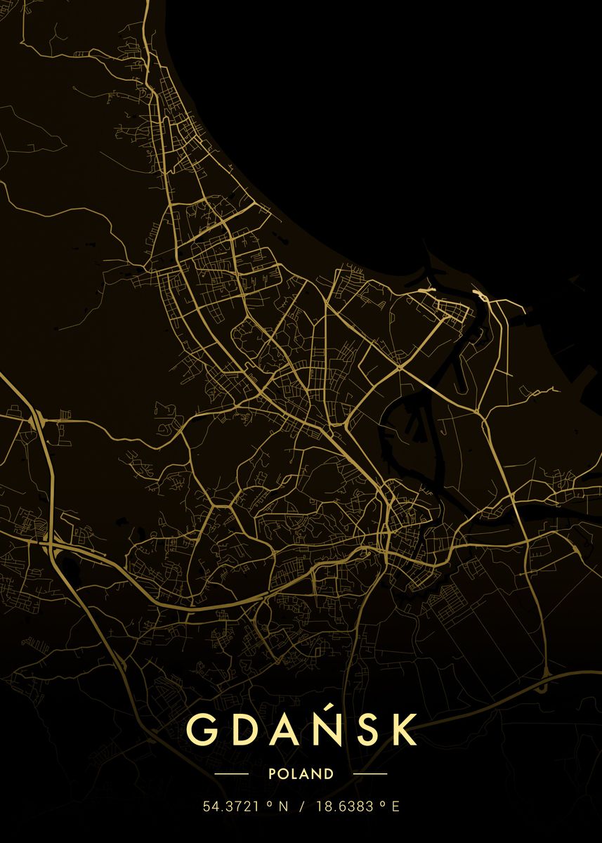 'Gdansk City Map Gold' Poster, picture, metal print, paint by MVDZ ...