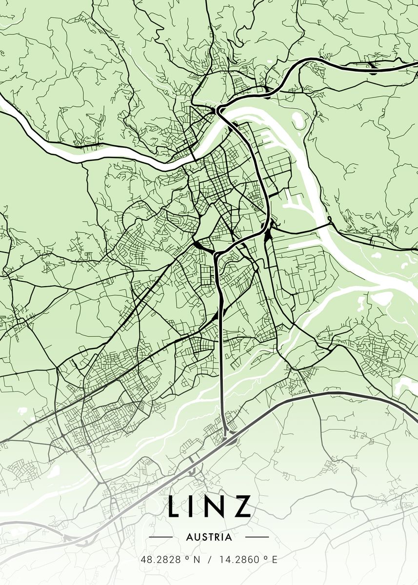 'Linz City Map Green' Poster, picture, metal print, paint by MVDZ ...