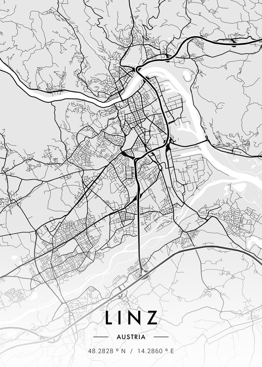'Linz City Map White' Poster, picture, metal print, paint by MVDZ ...