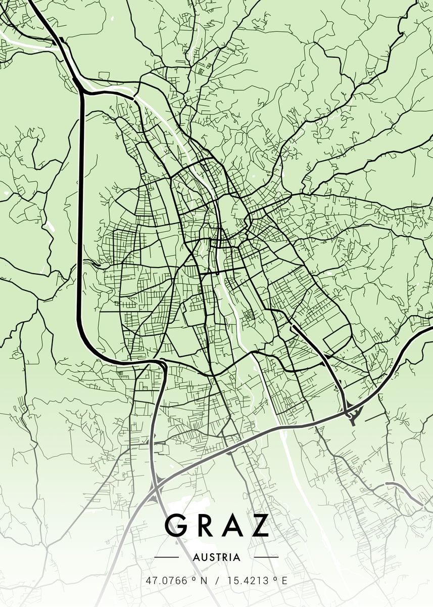 'Graz City Map Green' Poster, picture, metal print, paint by MVDZ ...