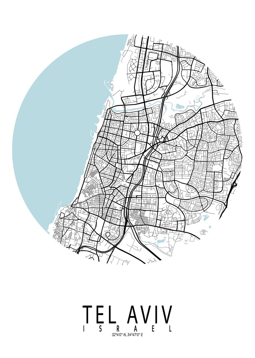 'Tel Aviv City Map Circle' Poster, picture, metal print, paint by deMAP ...