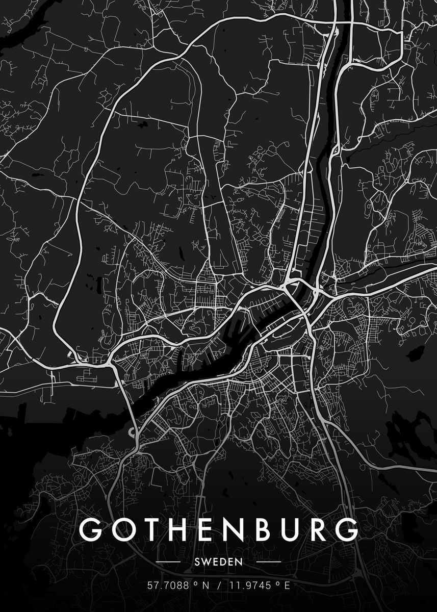 'Gothenburg City Map Dark' Poster, picture, metal print, paint by MVDZ ...