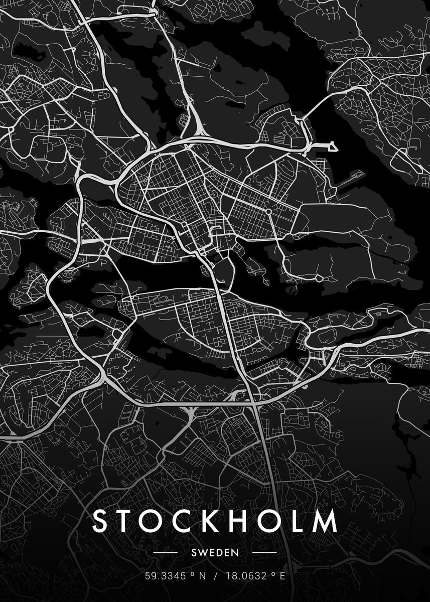 'Stockholm City Map Dark' Poster, picture, metal print, paint by MVDZ ...