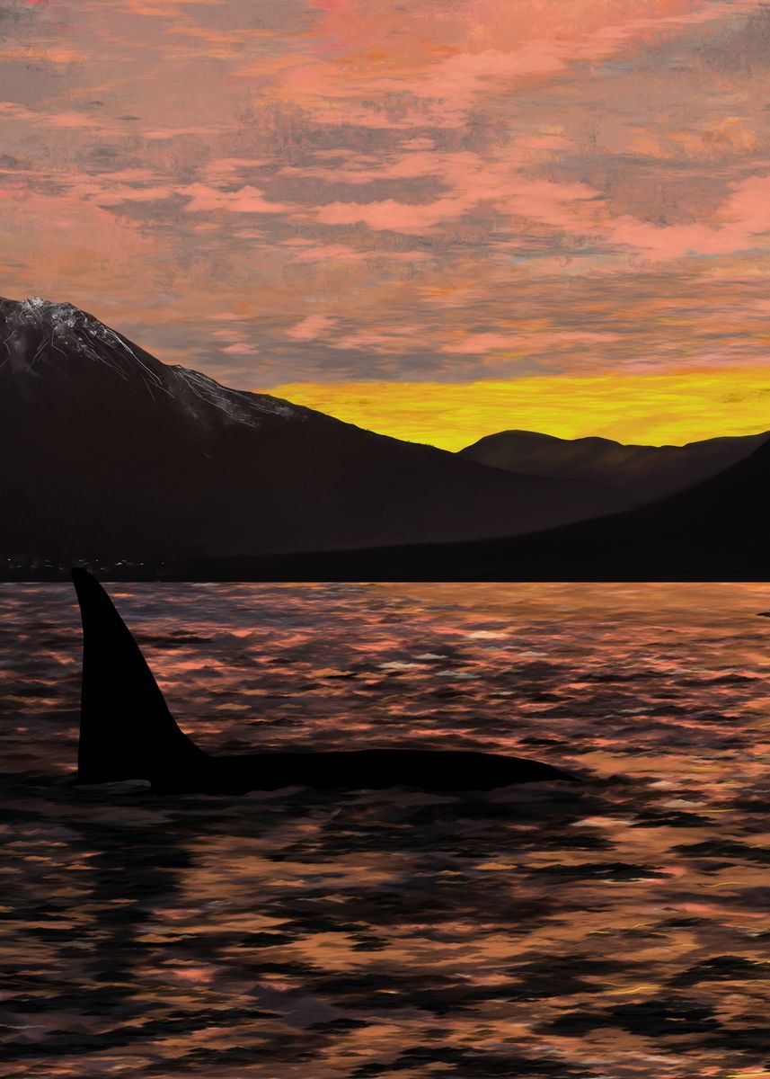 'Orca under Sunset' Poster, picture, metal print, paint by Rahul | Displate