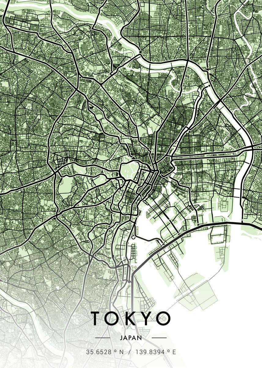 'Tokyo City Map Green' Poster, picture, metal print, paint by MVDZ ...