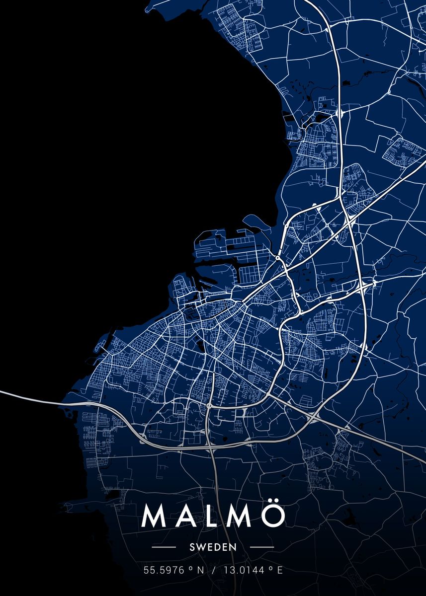 'Malmo City Map Blueprint' Poster, picture, metal print, paint by MVDZ ...