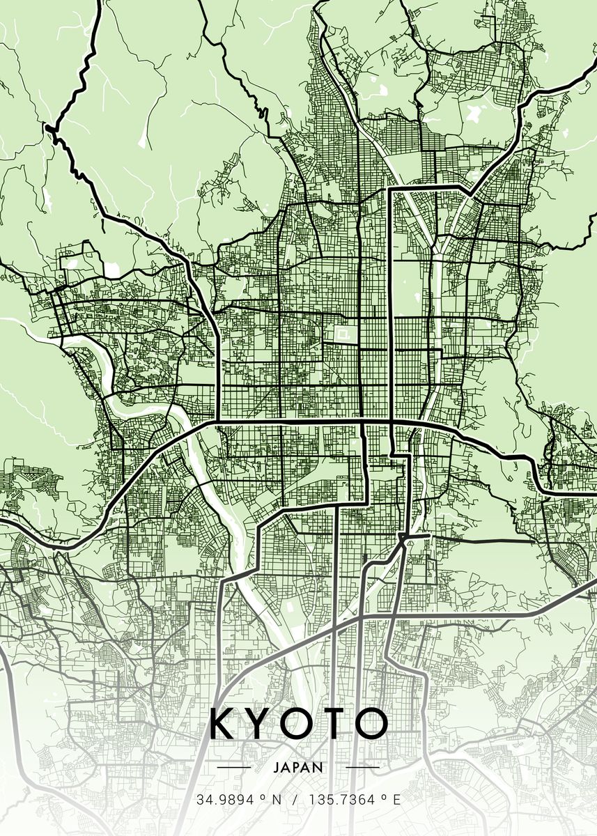 'Kyoto City Map Green' Poster, picture, metal print, paint by MVDZ ...