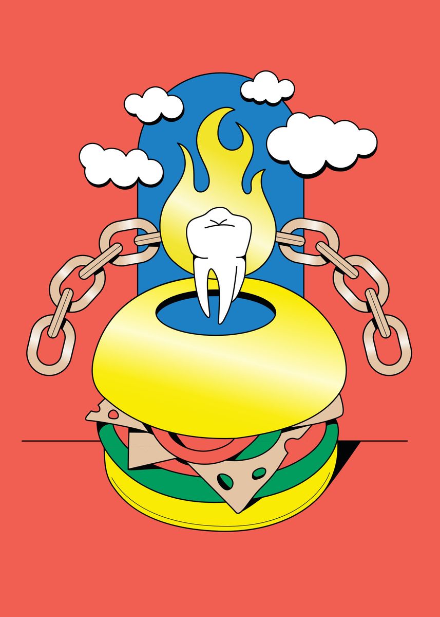 'Flaming Burger Tooth' Poster, picture, metal print, paint by Poster ...