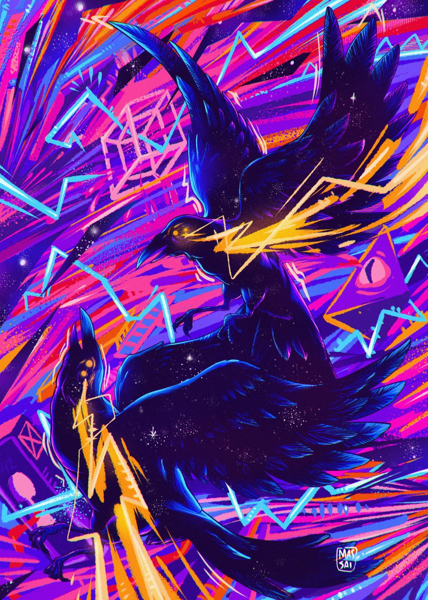 'Colorful Ravens' Poster, picture, metal print, paint by Massai | Displate