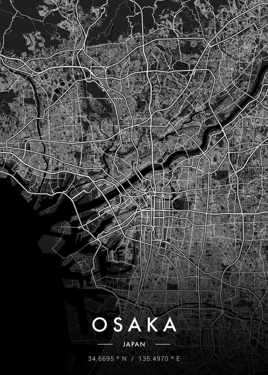 'Osaka City Map Dark' Poster, picture, metal print, paint by MVDZ ...