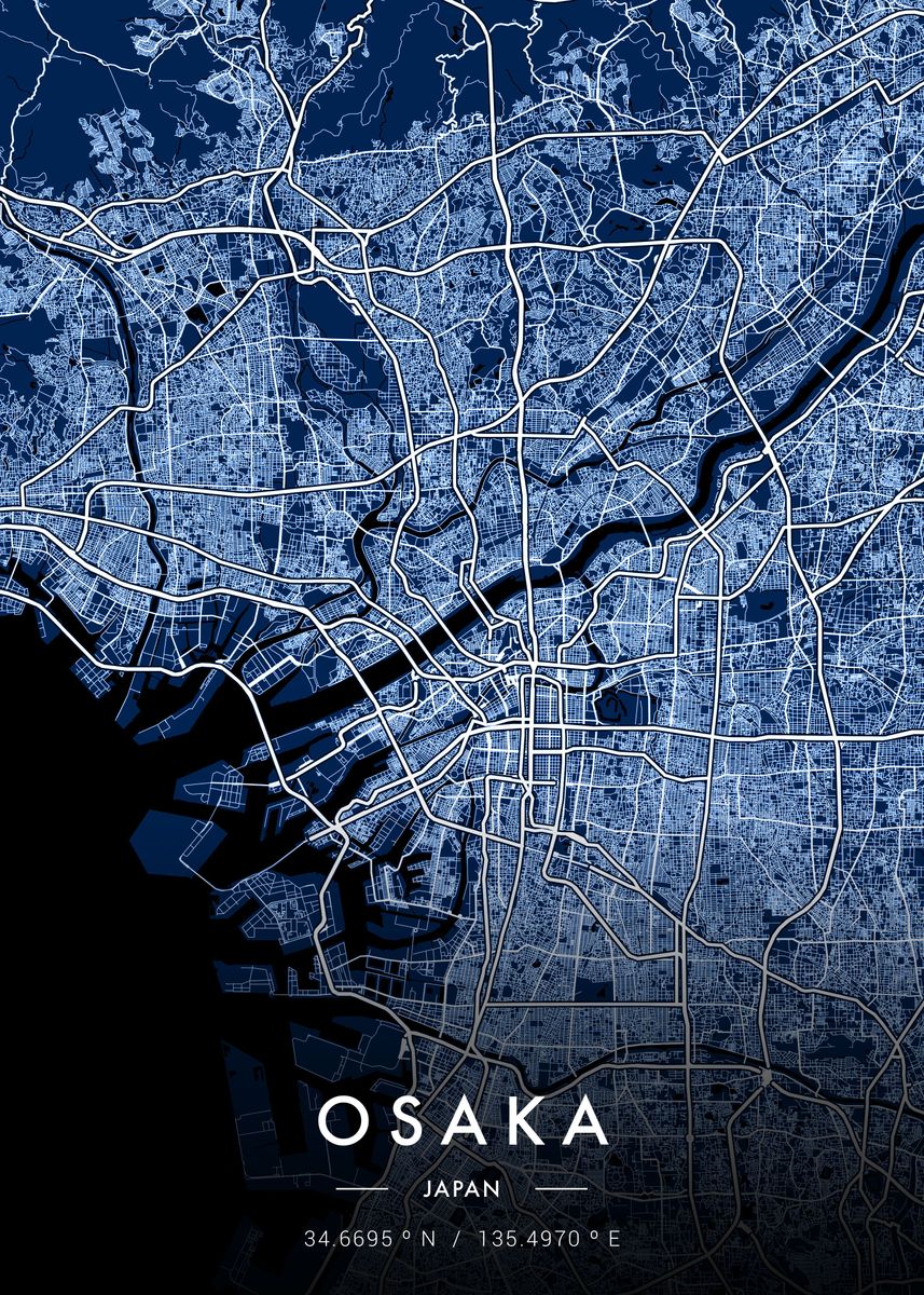 'Osaka City Map Blueprint' Poster, picture, metal print, paint by MVDZ ...