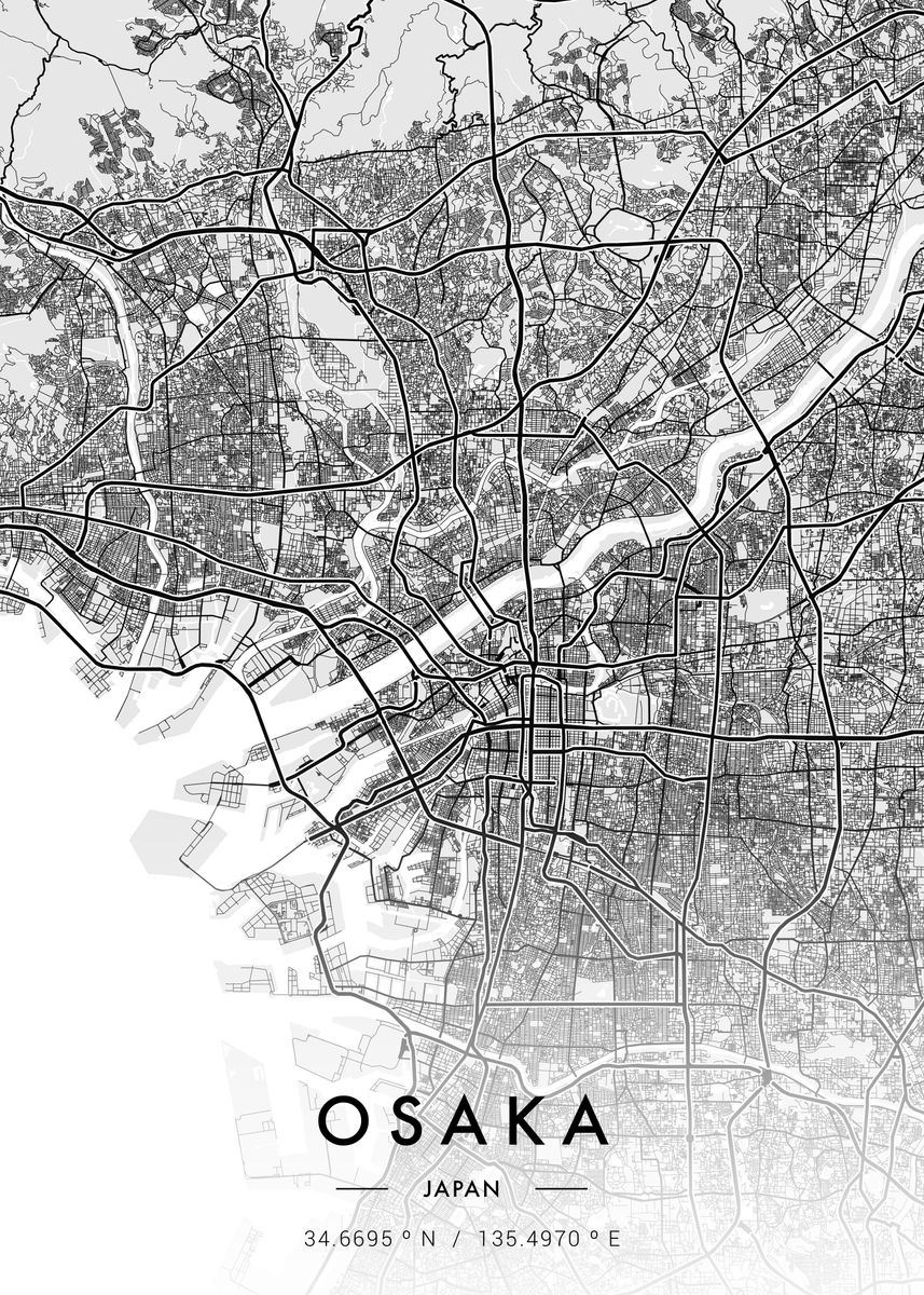 'Osaka City Map White' Poster, picture, metal print, paint by MVDZ ...