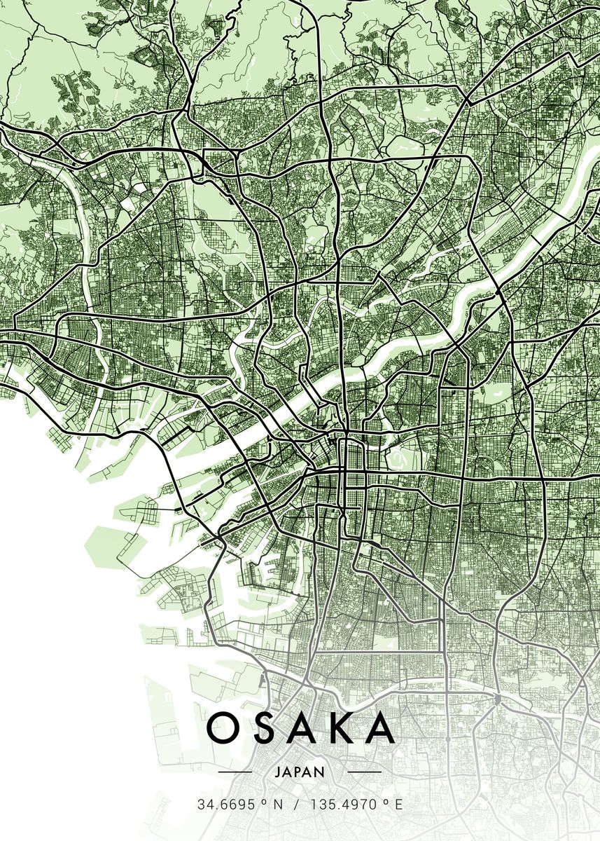 'Osaka City Map Green' Poster, picture, metal print, paint by MVDZ ...