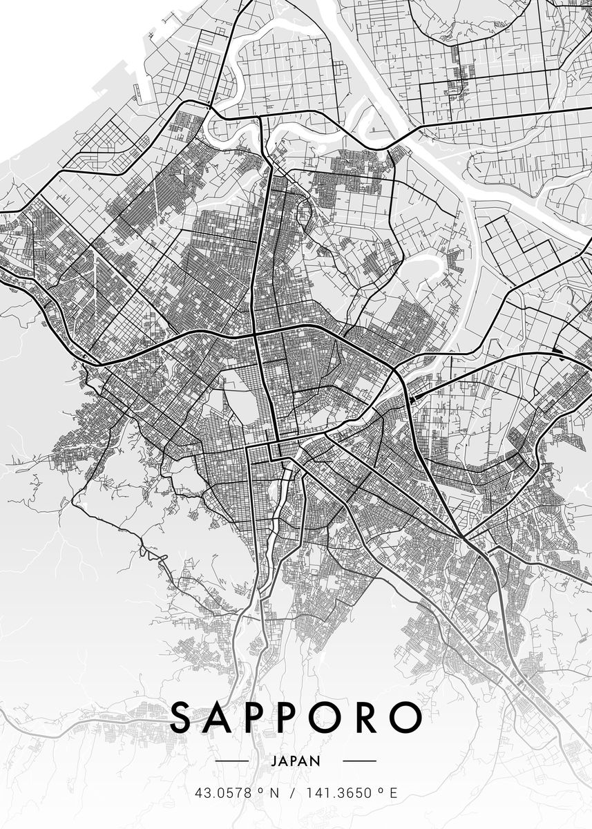 'Sapporo City Map White' Poster, picture, metal print, paint by MVDZ ...
