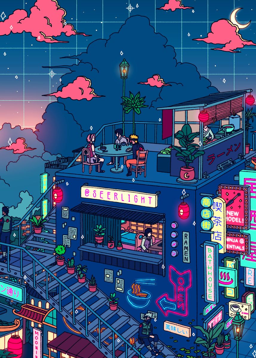'Neon Village' Poster, picture, metal print, paint by Seerlight | Displate