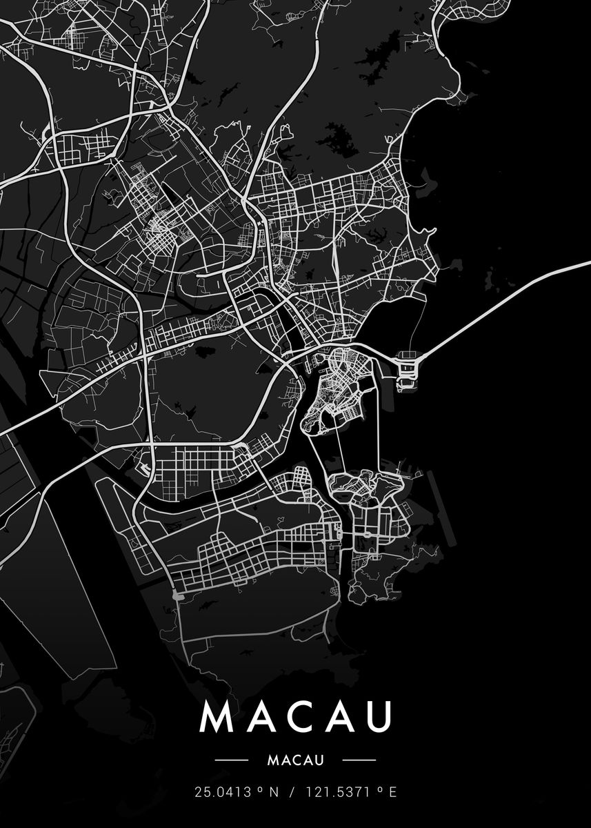 'Macau City Map Dark' Poster, picture, metal print, paint by MVDZ ...