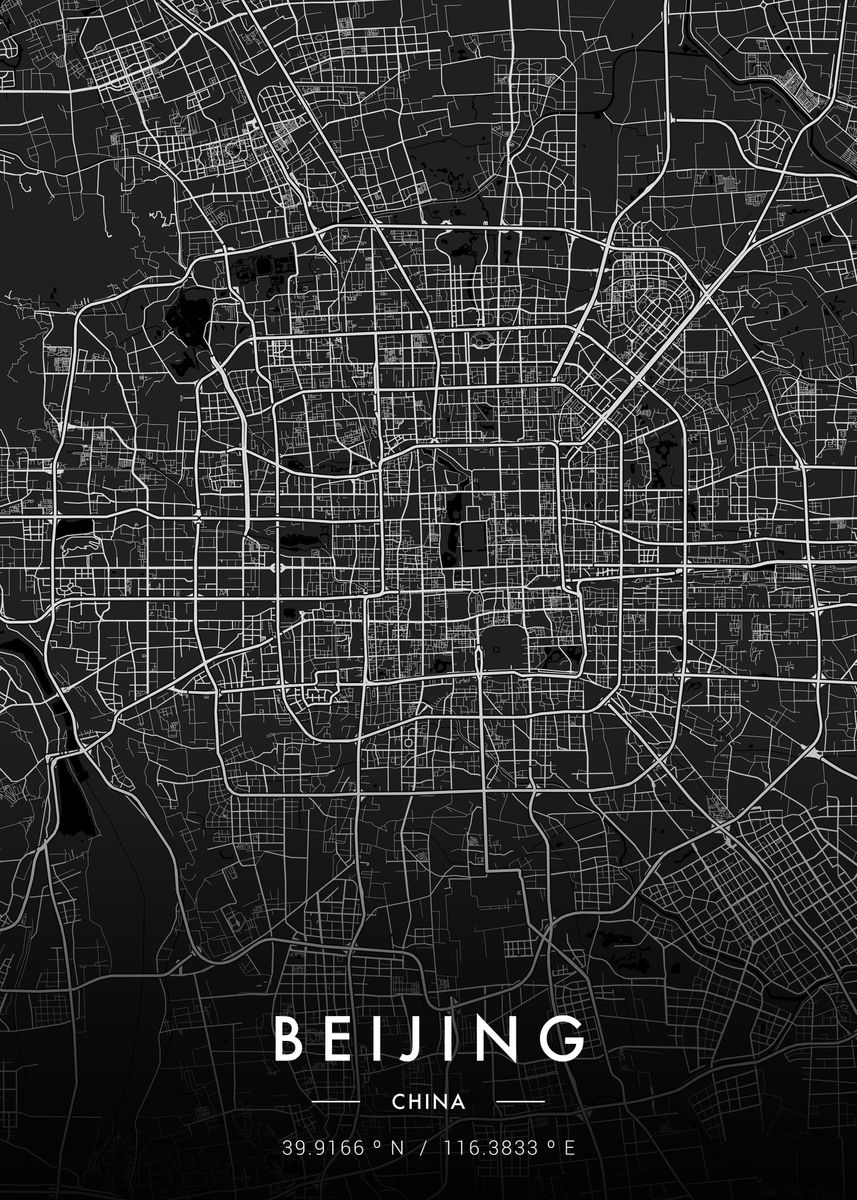 'Beijing City Map Dark' Poster, picture, metal print, paint by MVDZ ...