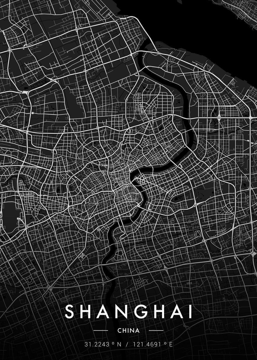 'Shanghai City Map Dark' Poster, picture, metal print, paint by MVDZ ...