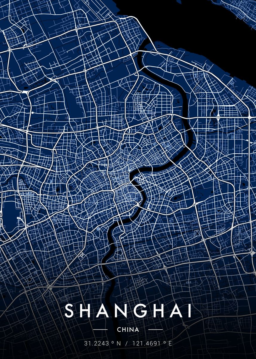 'Shanghai City Map Blue' Poster, picture, metal print, paint by MVDZ ...