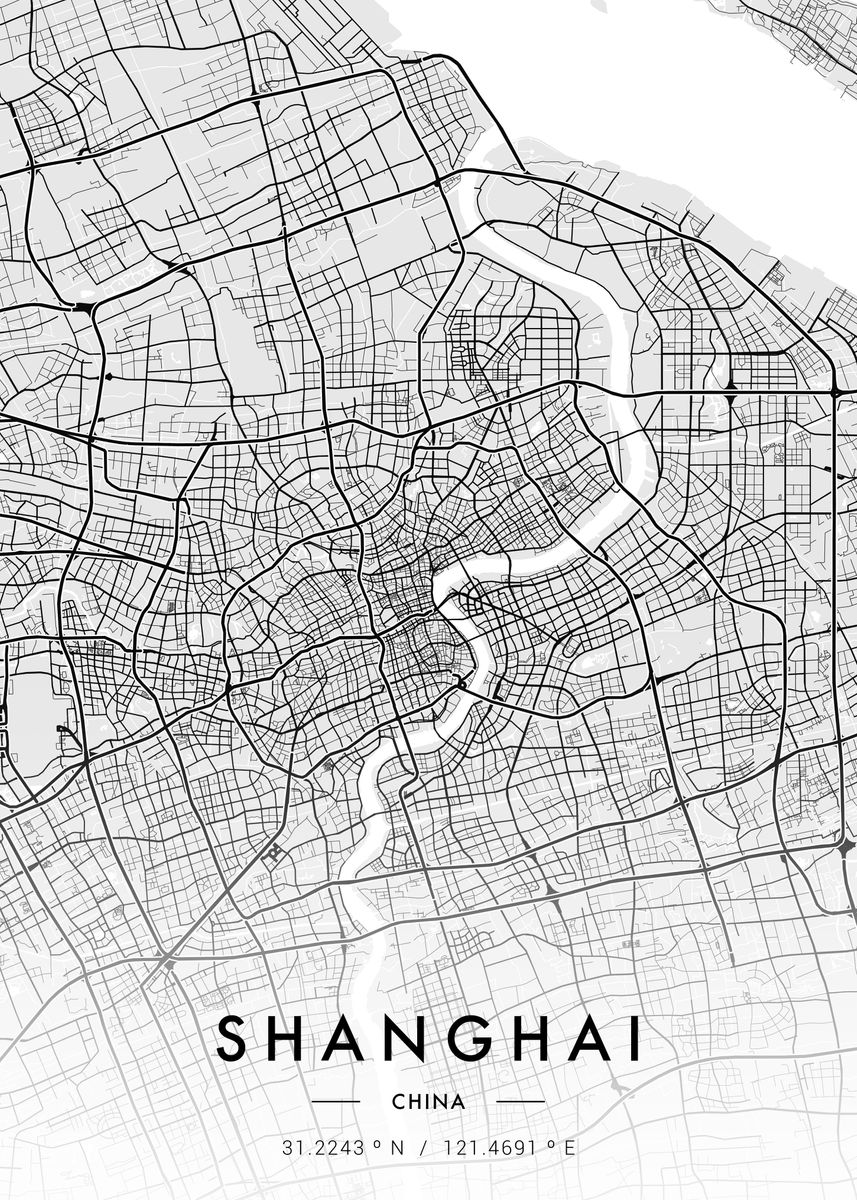 'Shanghai City Map White' Poster, picture, metal print, paint by MVDZ ...