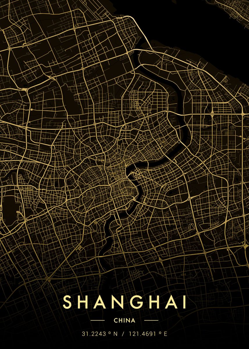 'Shanghai City Map Gold' Poster, picture, metal print, paint by MVDZ ...
