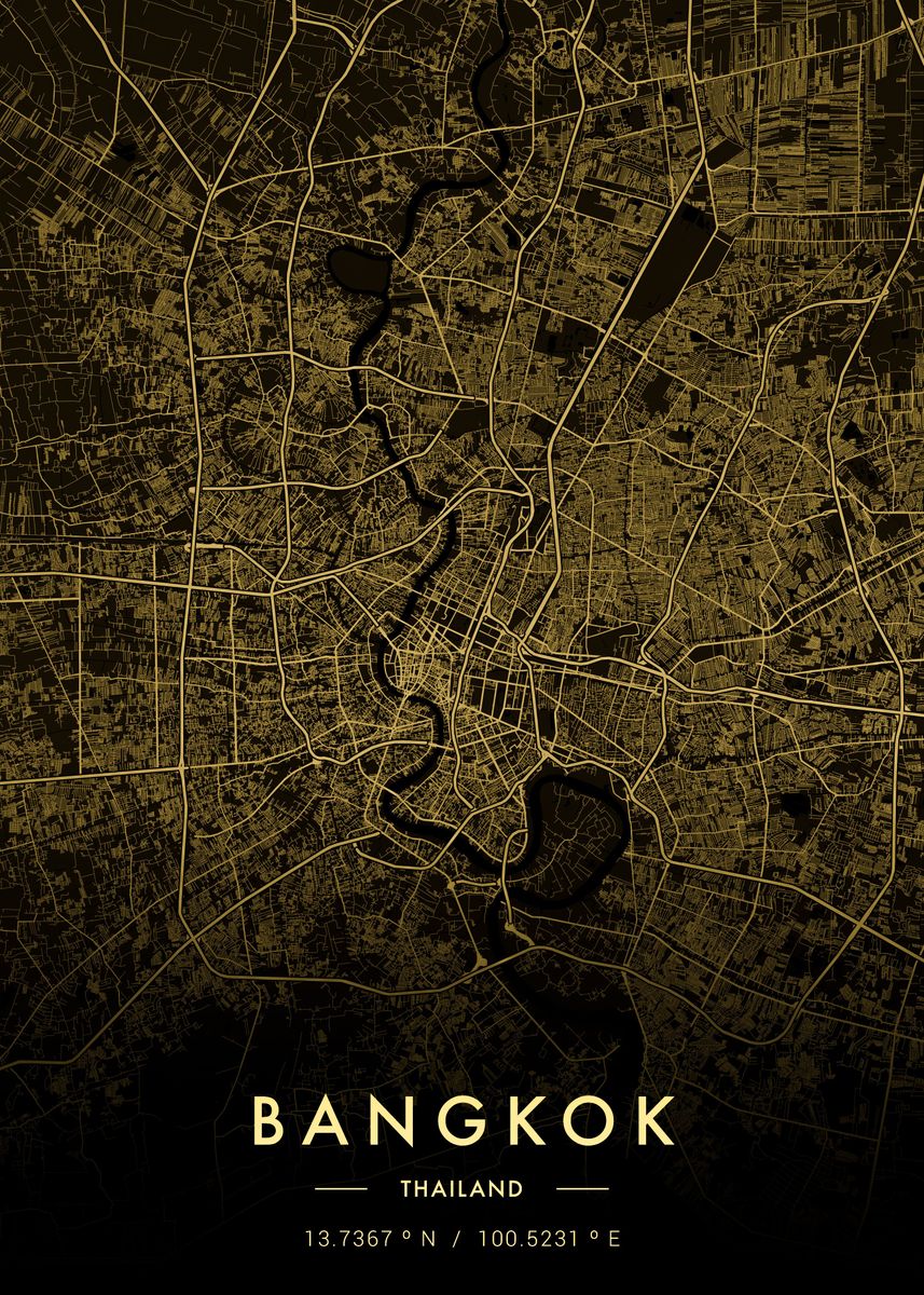 'Bangkok City Map Gold' Poster, picture, metal print, paint by MVDZ ...