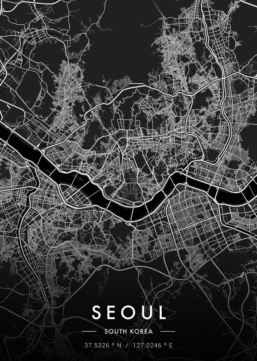 'Seoul City Map Dark' Poster, picture, metal print, paint by MVDZ ...