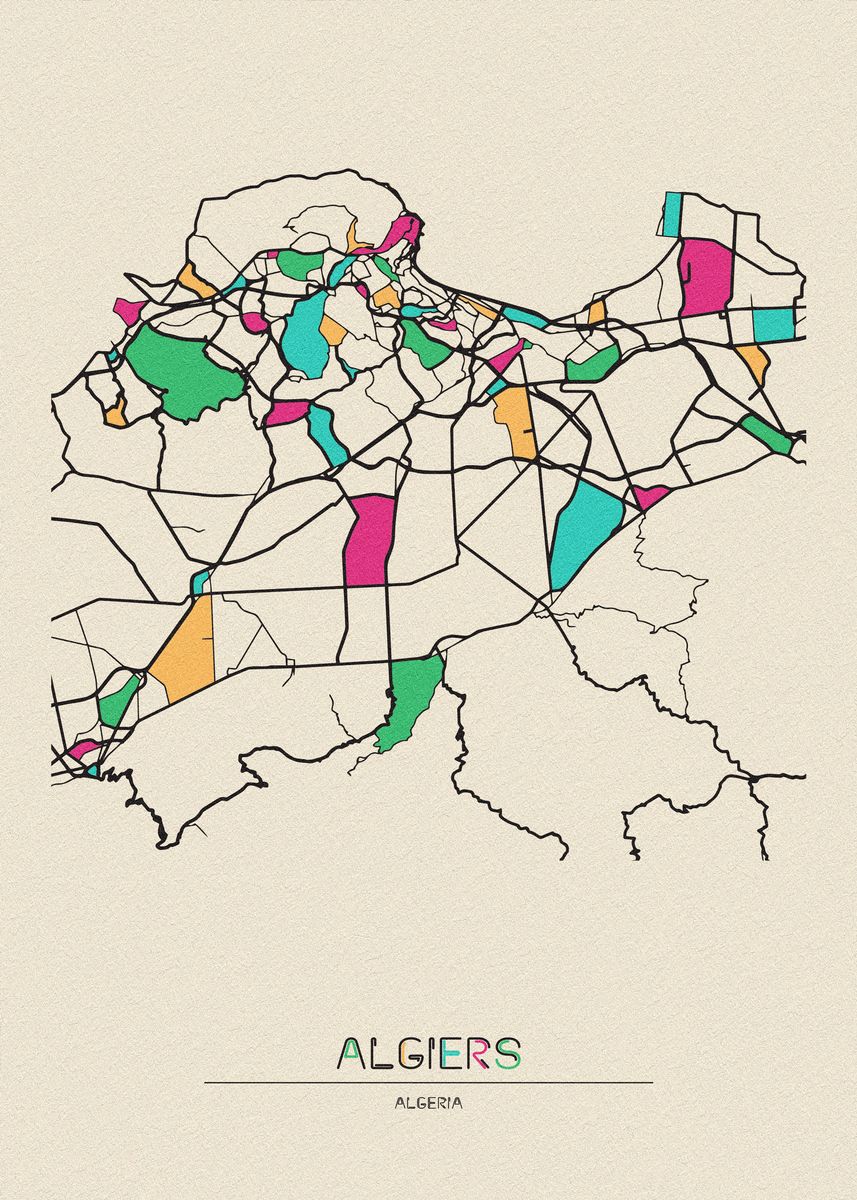 'Algiers Map' Poster, picture, metal print, paint by Deniz A. | Displate