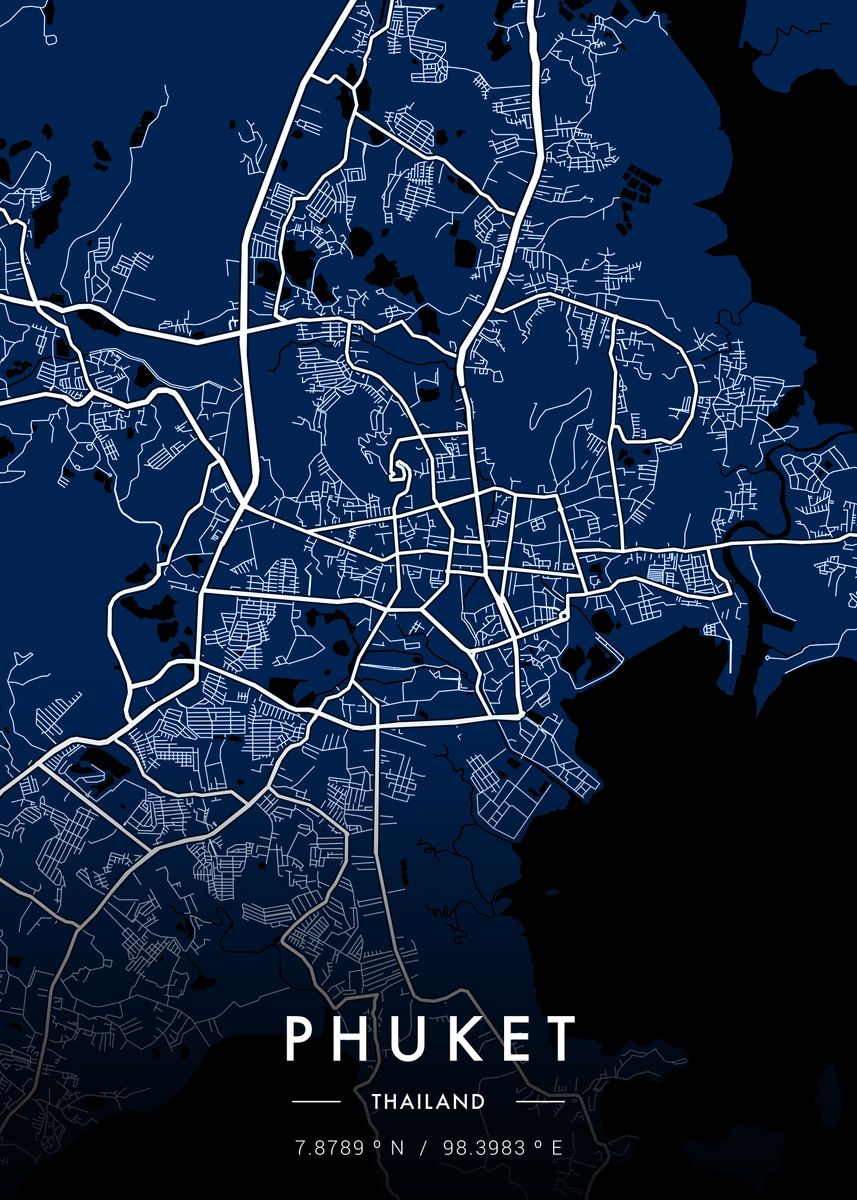 'Phuket City Map Blueprint' Poster, picture, metal print, paint by MVDZ ...
