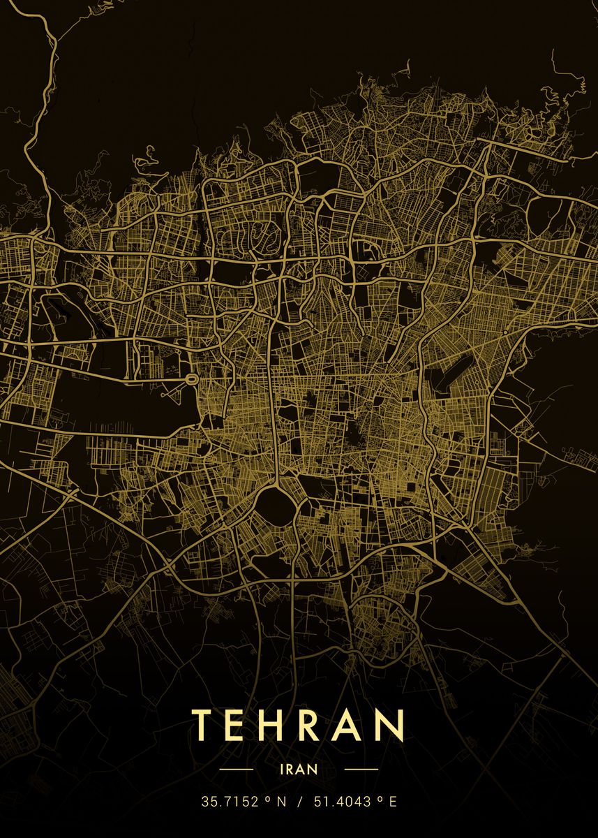 'Tehran City Map Gold' Poster, picture, metal print, paint by MVDZ ...