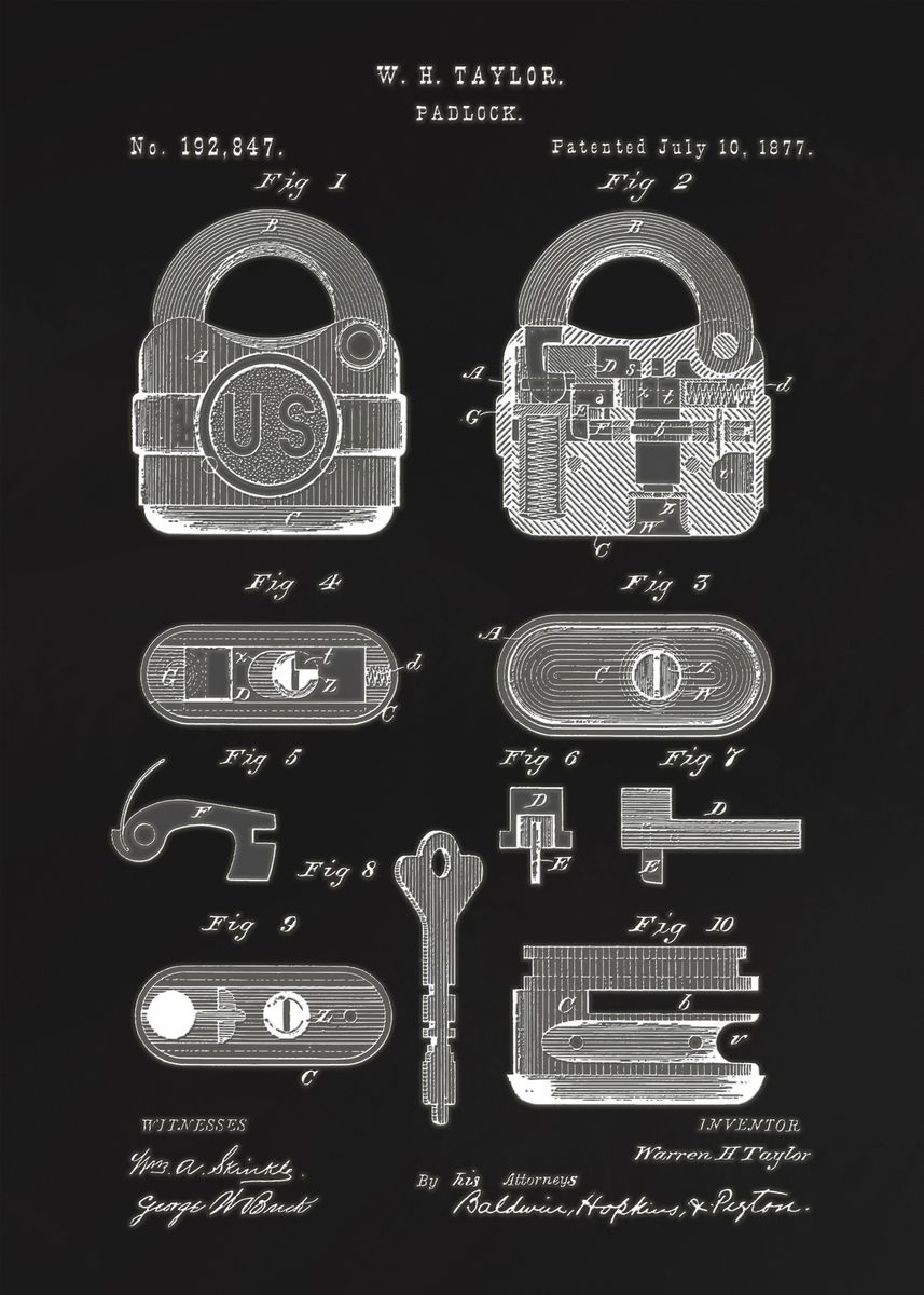 'Padlock patent' Poster, picture, metal print, paint by Sam Kal | Displate