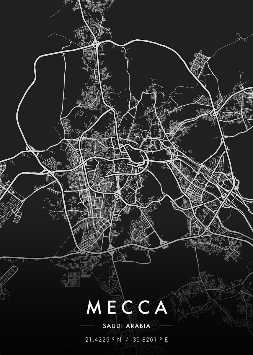 'Mecca City Map Dark' Poster, picture, metal print, paint by MVDZ ...