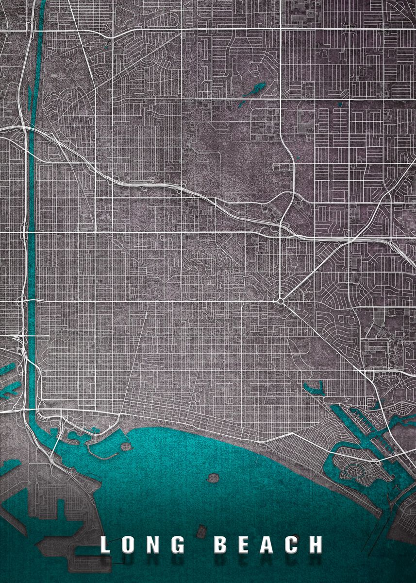 'Long Beach Map' Poster, picture, metal print, paint by Maksymilian ...
