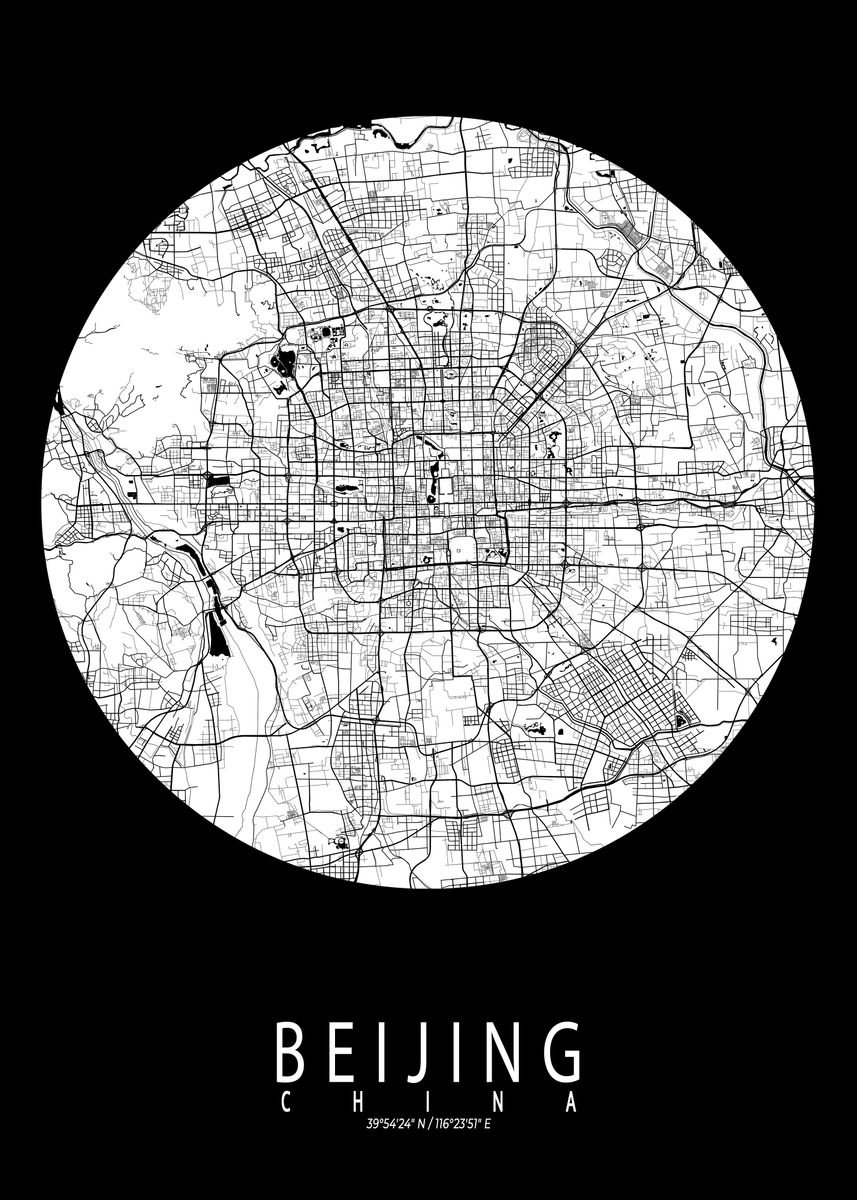 'Beijing City Map Full Moon' Poster, picture, metal print, paint by deMAP Studio | Displate