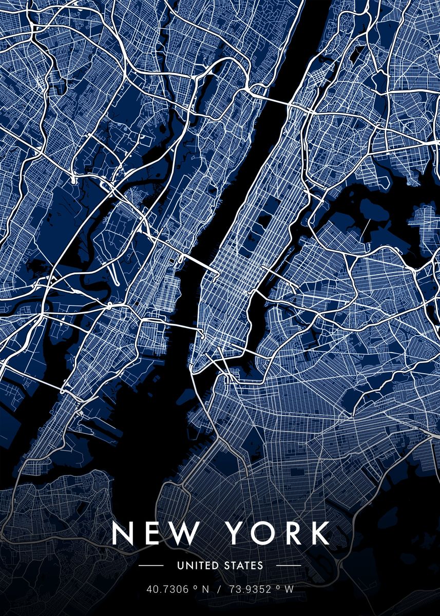 'New York City Map Blue' Poster, picture, metal print, paint by MVDZ ...