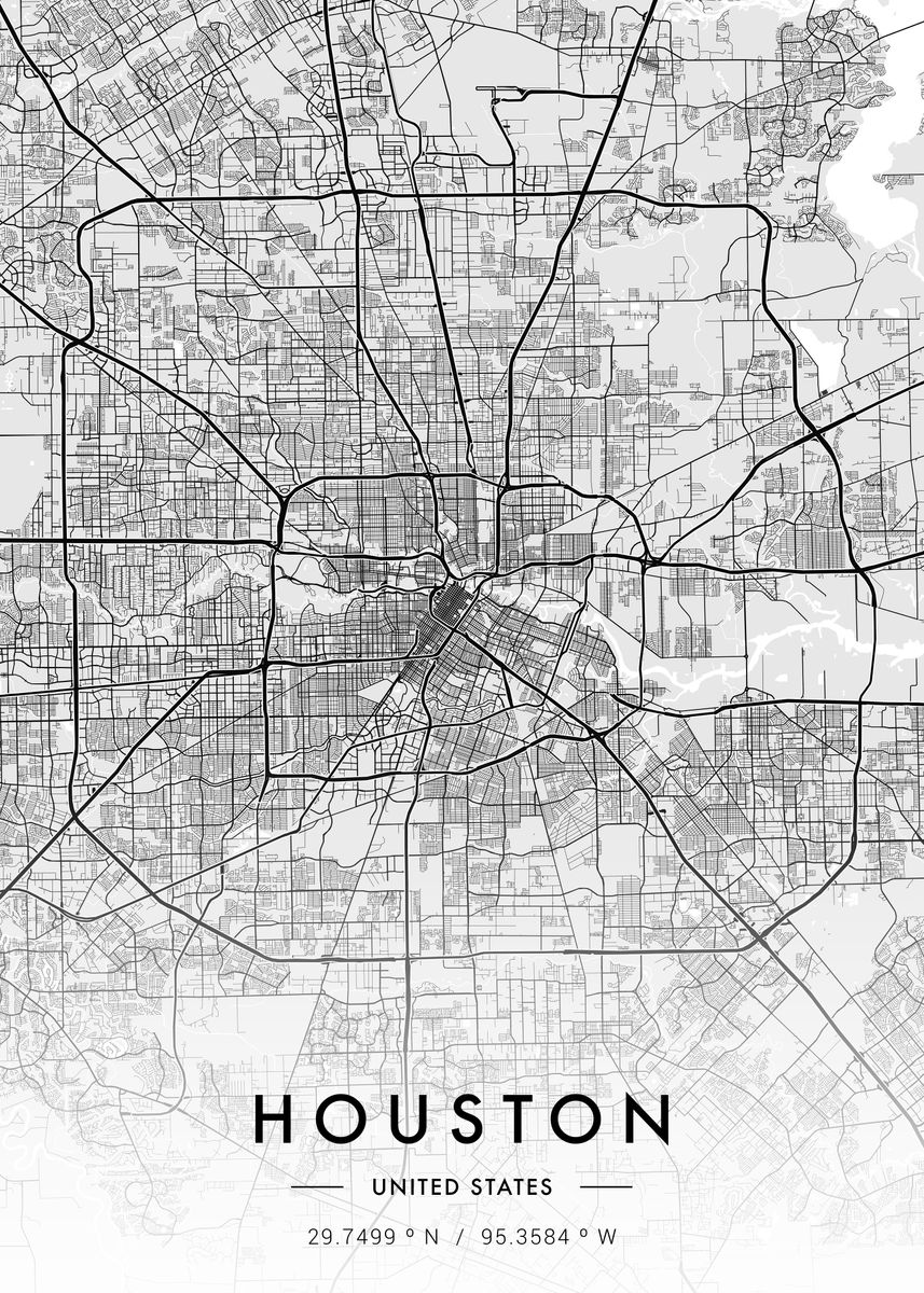 'Houston City Map White' Poster, picture, metal print, paint by MVDZ ...