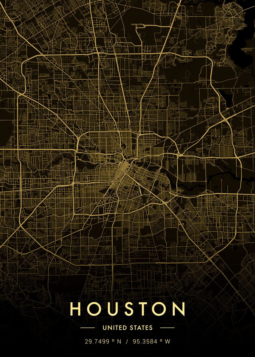 'Houston City Map Gold' Poster, picture, metal print, paint by MVDZ ...
