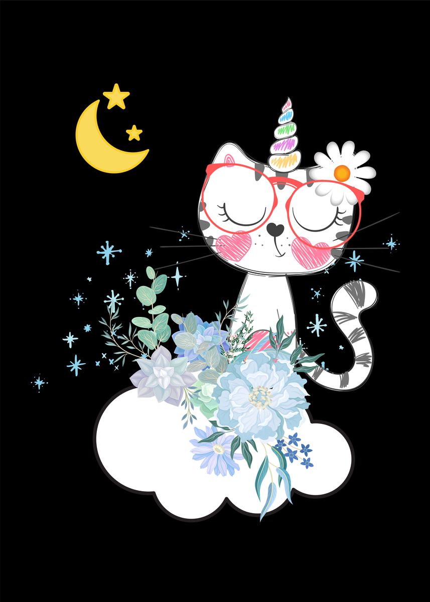 'Cute caticorn on sky' Poster, picture, metal print, paint by ...