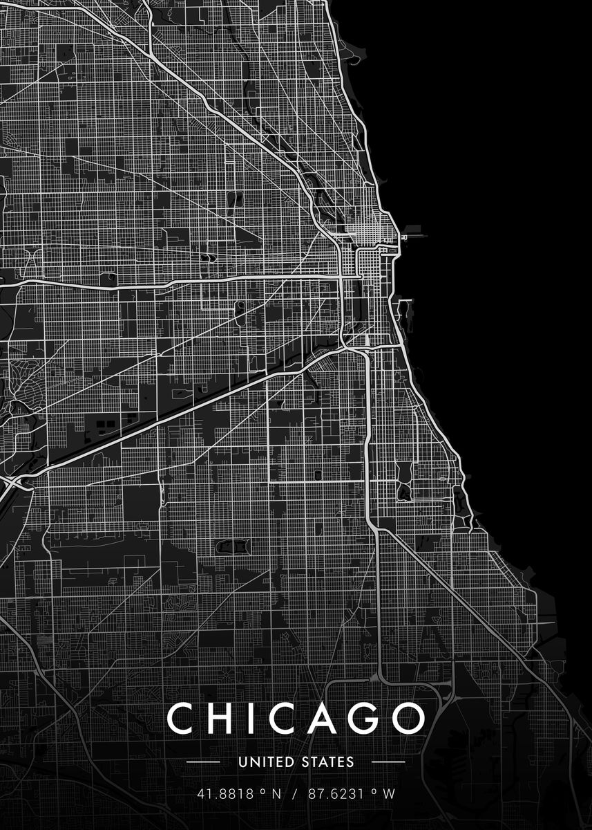 'Chicago City Map Dark' Poster, picture, metal print, paint by MVDZ ...