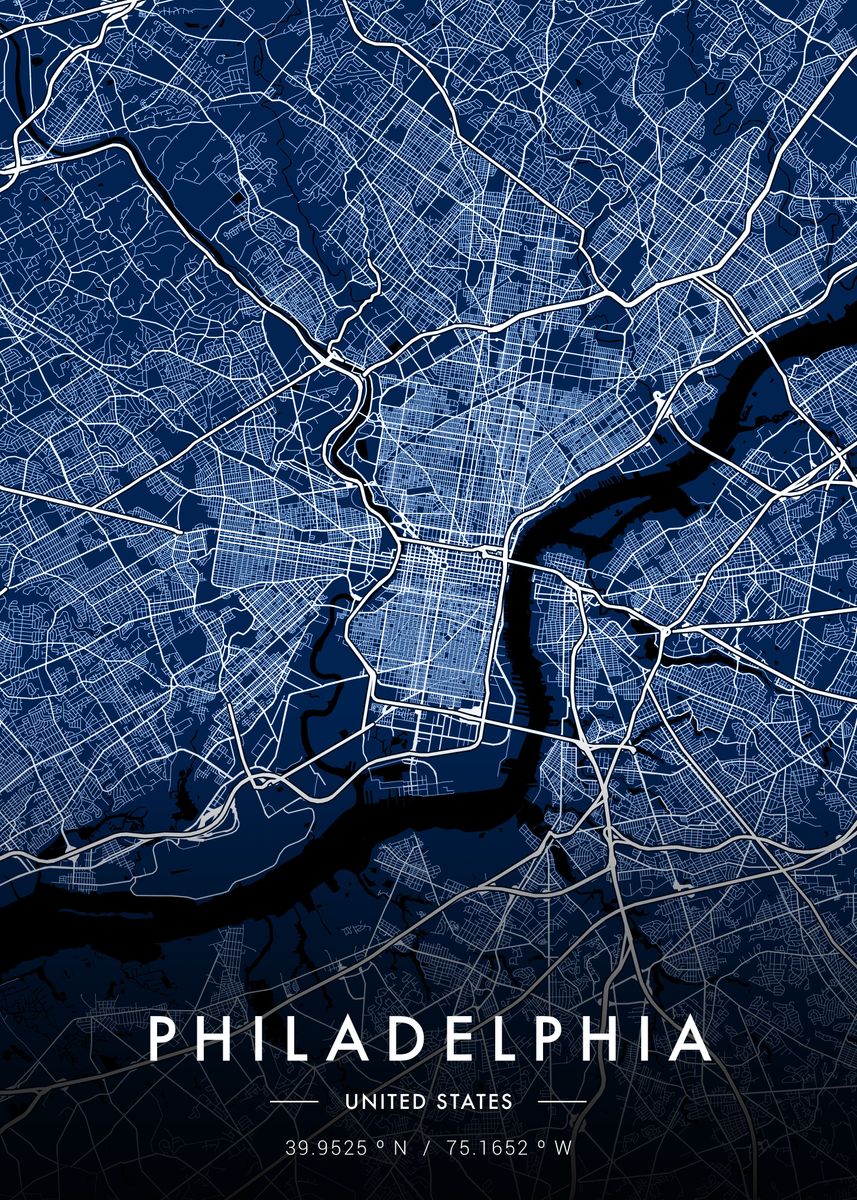 'Philadelphia City Map Blue' Poster, picture, metal print, paint by ...