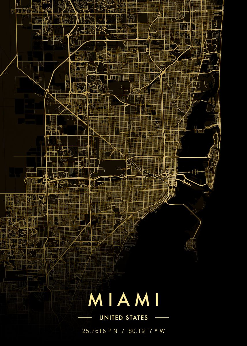 'Miami City Map Gold' Poster, picture, metal print, paint by MVDZ ...