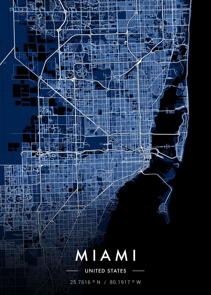 'Miami City Map Blueprint' Poster, picture, metal print, paint by MVDZ ...