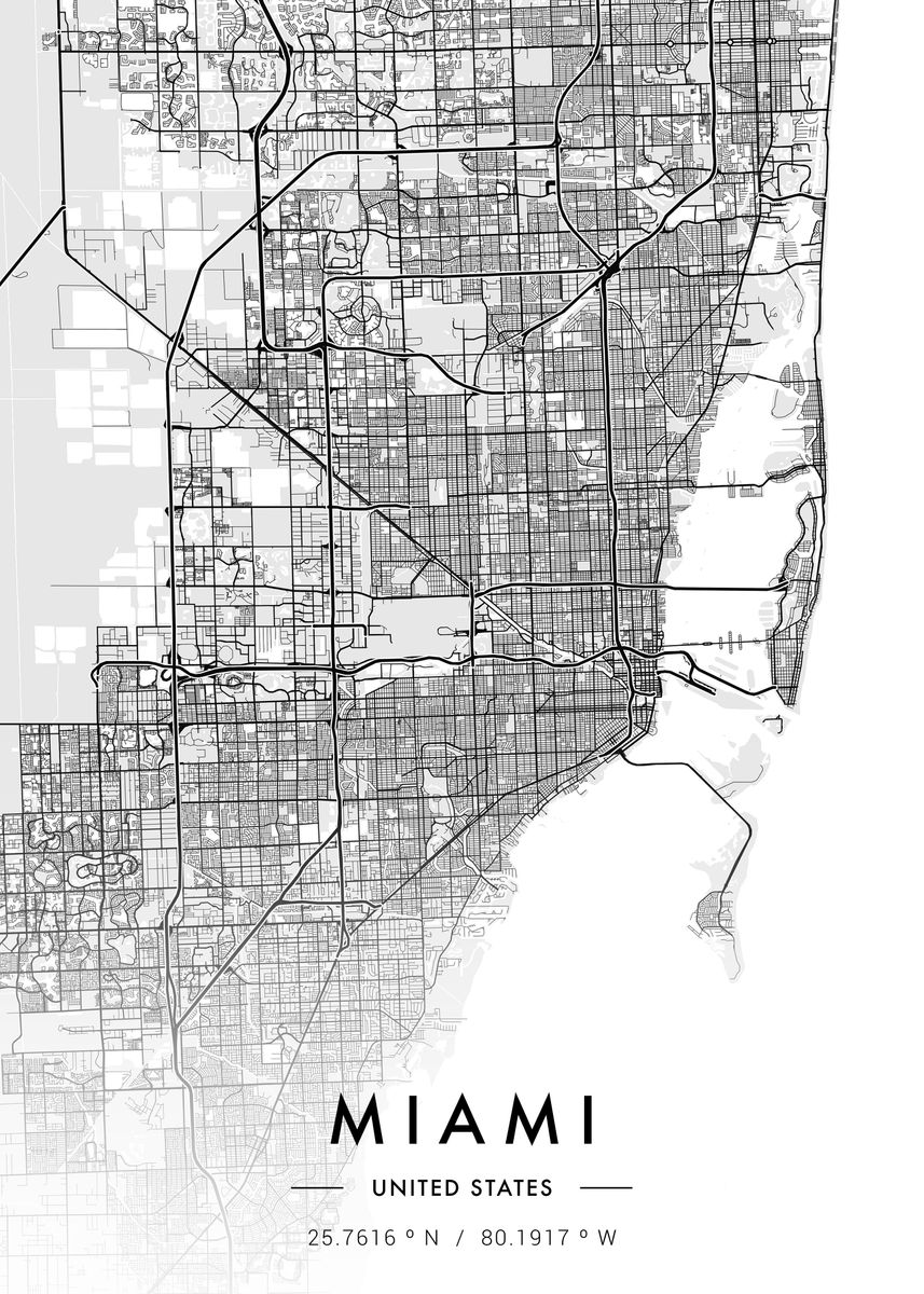 'Miami City Map White' Poster, picture, metal print, paint by MVDZ ...
