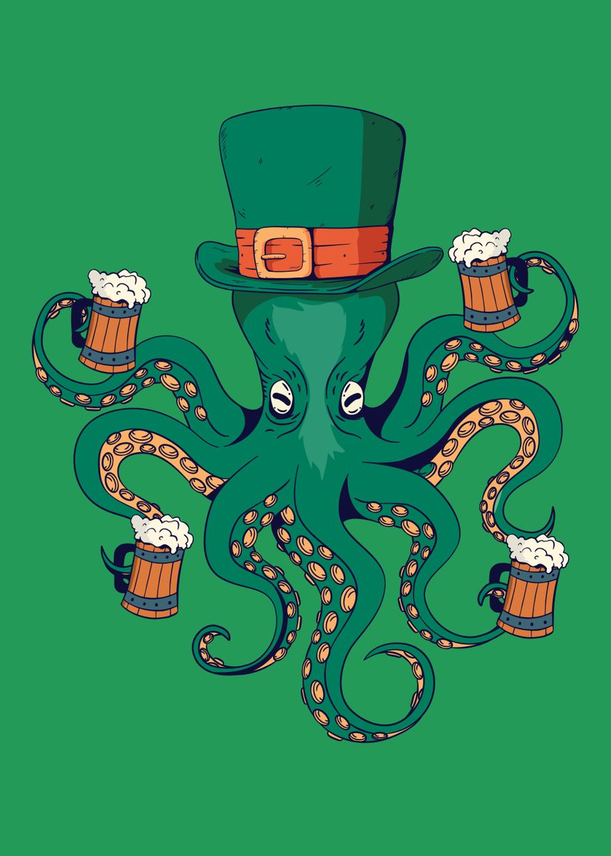 'Beer Octopus St Patricks' Poster, picture, metal print, paint by ...