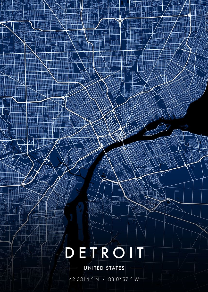 'Detroit City Map Blueprint' Poster, picture, metal print, paint by ...
