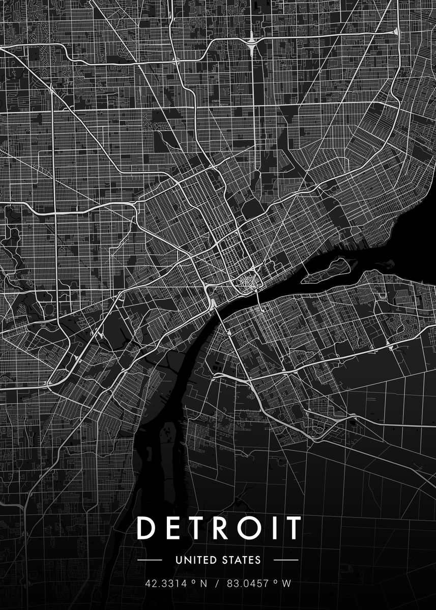 'Detroit City Map Dark' Poster, picture, metal print, paint by MVDZ ...